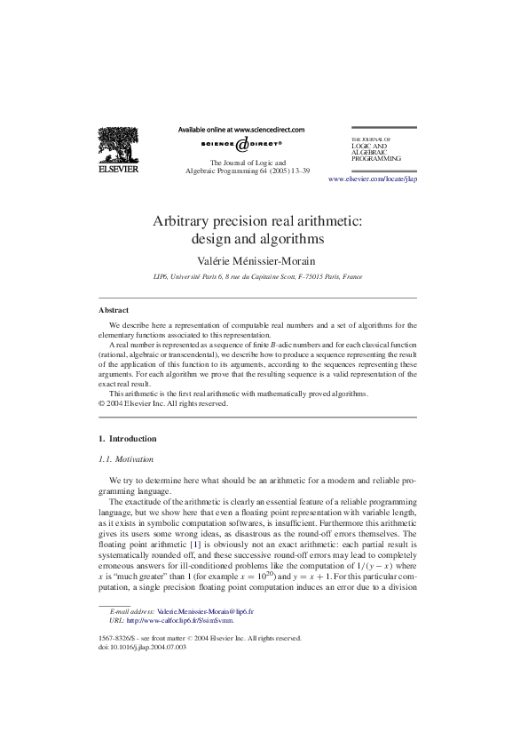 (PDF) Arbitrary precision real arithmetic: design and algorithms
