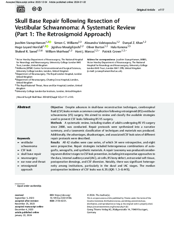 (PDF) Skull base repair following resection of vestibular schwannoma: a ...
