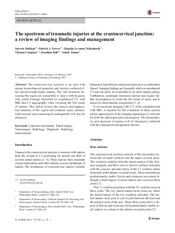 (PDF) The spectrum of traumatic injuries at the craniocervical junction: a review of imaging ...