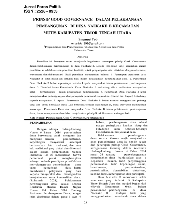 (PDF) Prinsip Good Governance Dalam Pelaksanaan Pembangunan DI Desa Naekake B Kecamatan Mutis ...