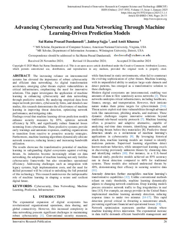 (PDF) Advancing Cybersecurity and Data Networking Through Machine Learning Driven Prediction Model