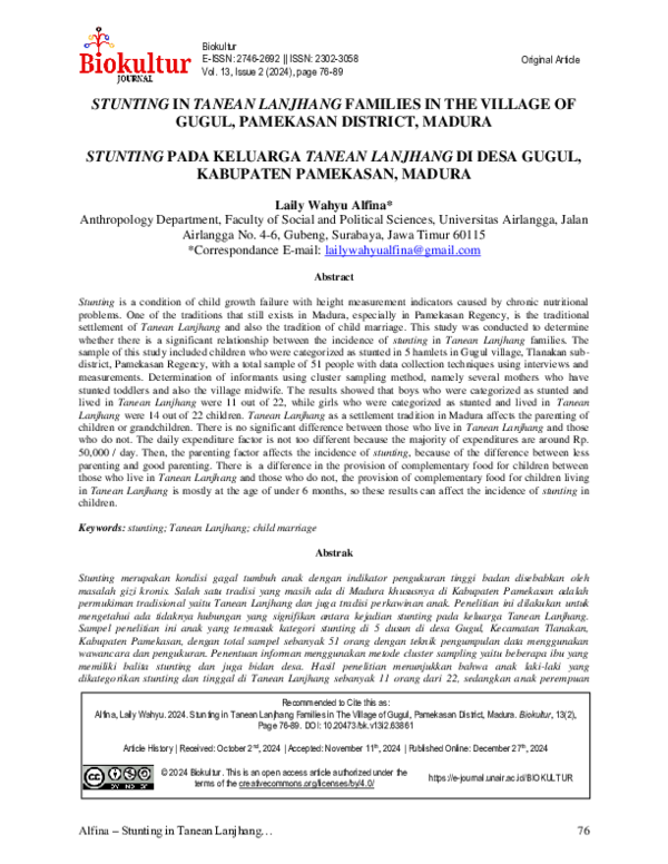 (PDF) Stunting in Tanean Lanjhang Families in the Village of Gugul ...