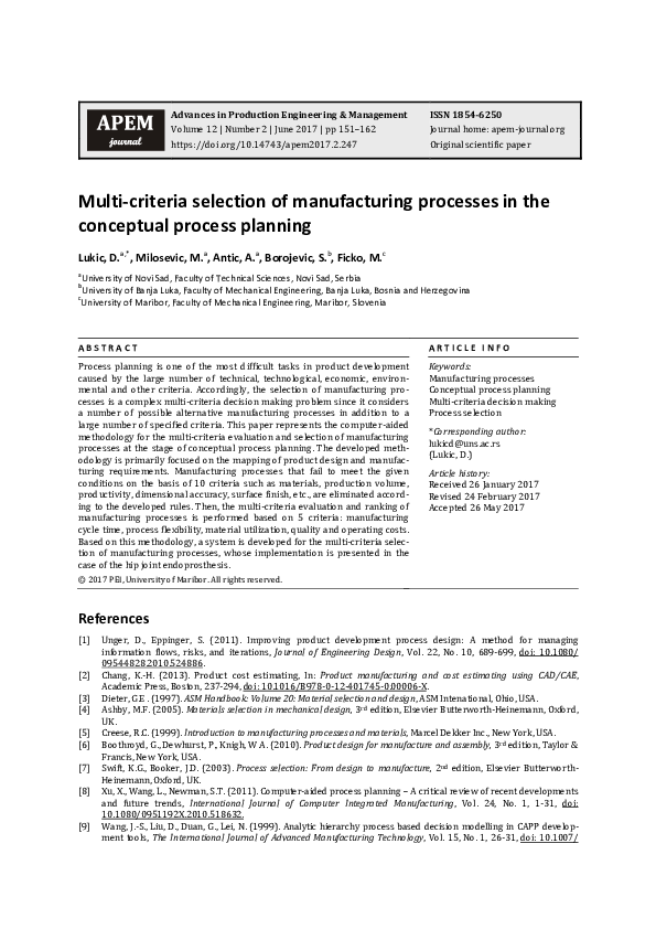 (PDF) Multi-criteria selection of manufacturing processes in the ...