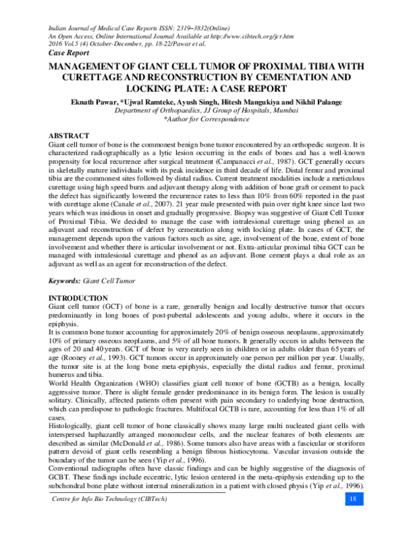 (PDF) Case Report MANAGEMENT OF GIANT CELL TUMOR OF PROXIMAL TIBIA WITH ...