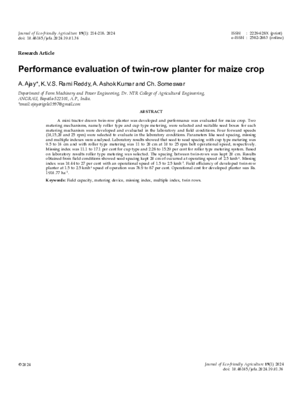 (PDF) Performance evaluation of twin-row planter for maize crop