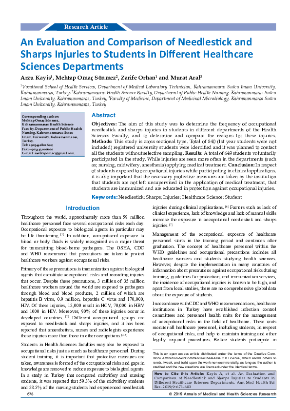 (PDF) An Evaluation and Comparison of Needlestick and Sharps Injuries to Students in Different ...