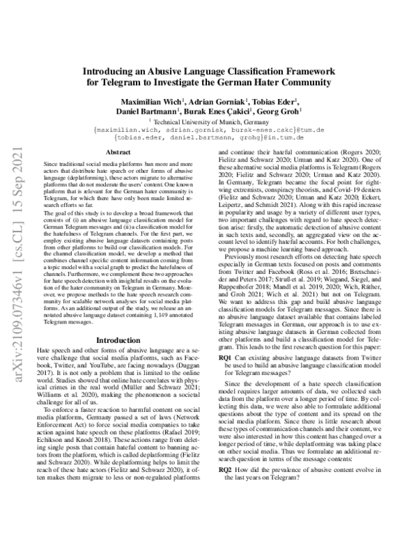 (PDF) Introducing an Abusive Language Classification Framework for Telegram to Investigate the ...