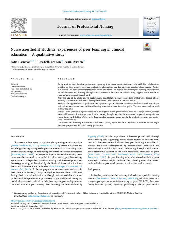 (PDF) Nurse anesthetist students' experiences of peer learning in clinical education – A ...