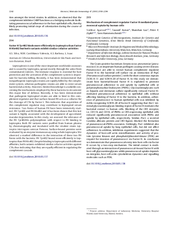 (PDF) Factor H Tyr402 binds more efficiently to Leptospira than Factor H His402 but both ...