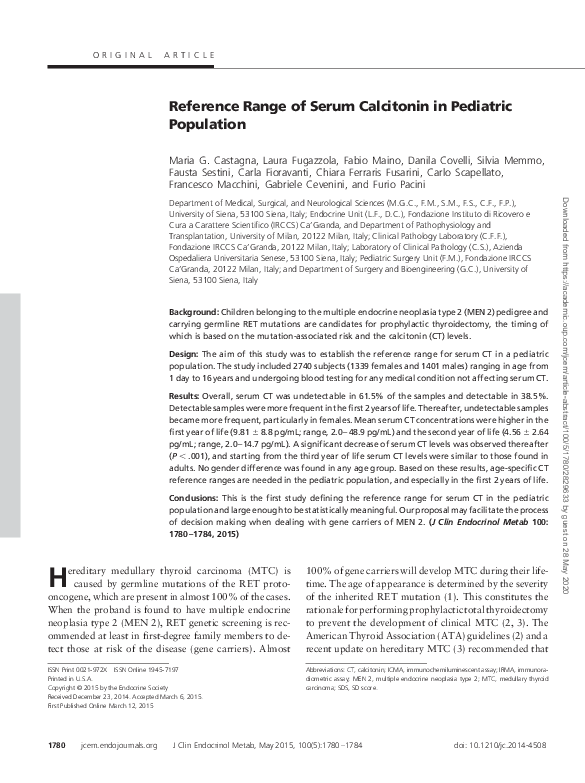 (PDF) Reference Range of Serum Calcitonin in Pediatric Population