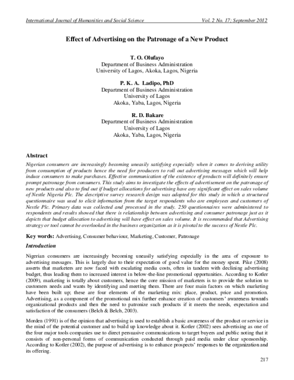 (PDF) Effect of Advertising on the Patronage of a New Product
