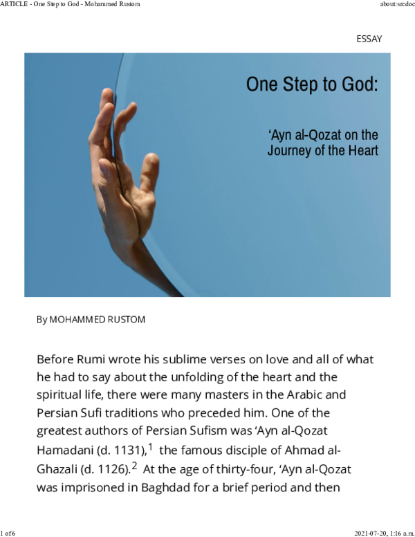 (PDF) One Step to God: ‘Ayn al-Qozat on the Journey of the Heart (Sufi, 2021)