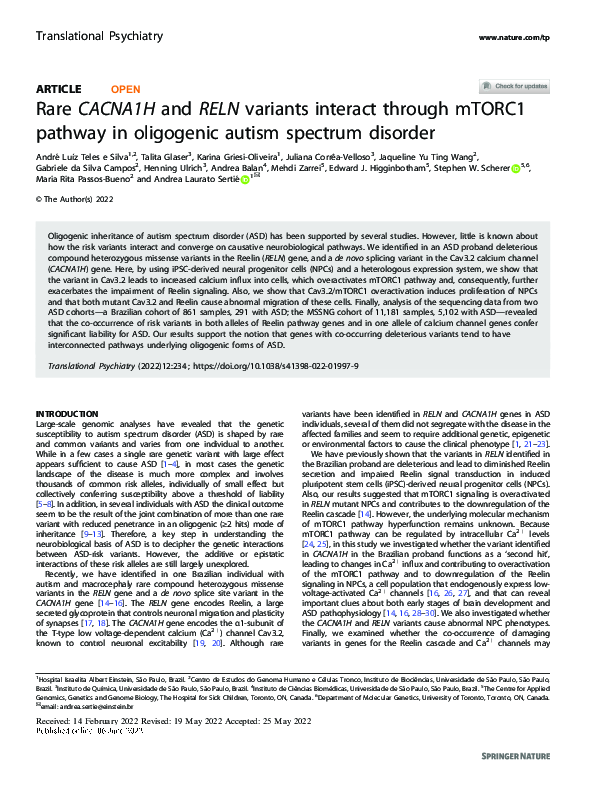 (PDF) Rare CACNA1H and RELN variants interact through mTORC1 pathway in ...