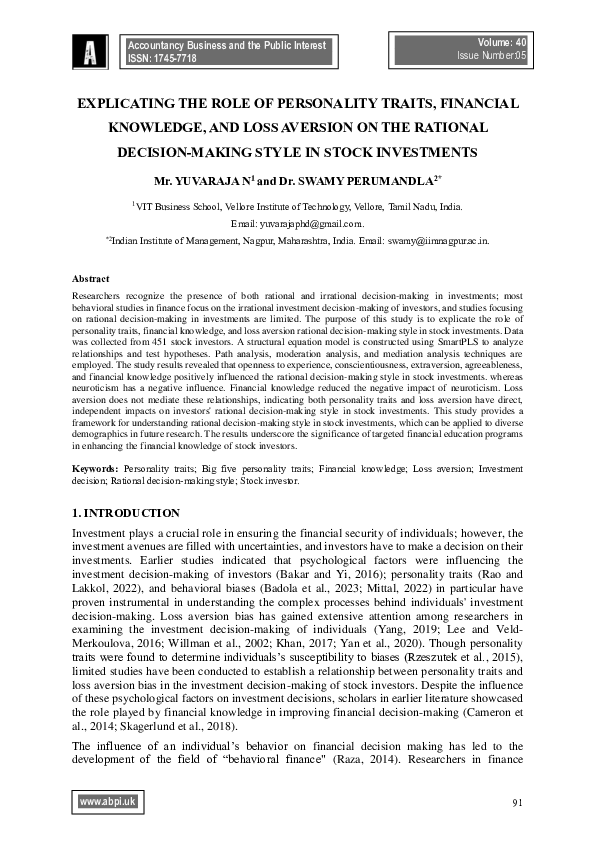 (PDF) Explicating the role of personality traits, financial knowledge, and loss aversion on the ...