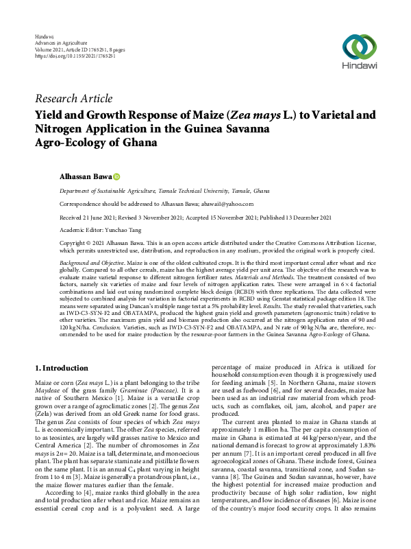 (PDF) Yield and Growth Response of Maize (Zea mays L.) to Varietal and Nitrogen Application in ...