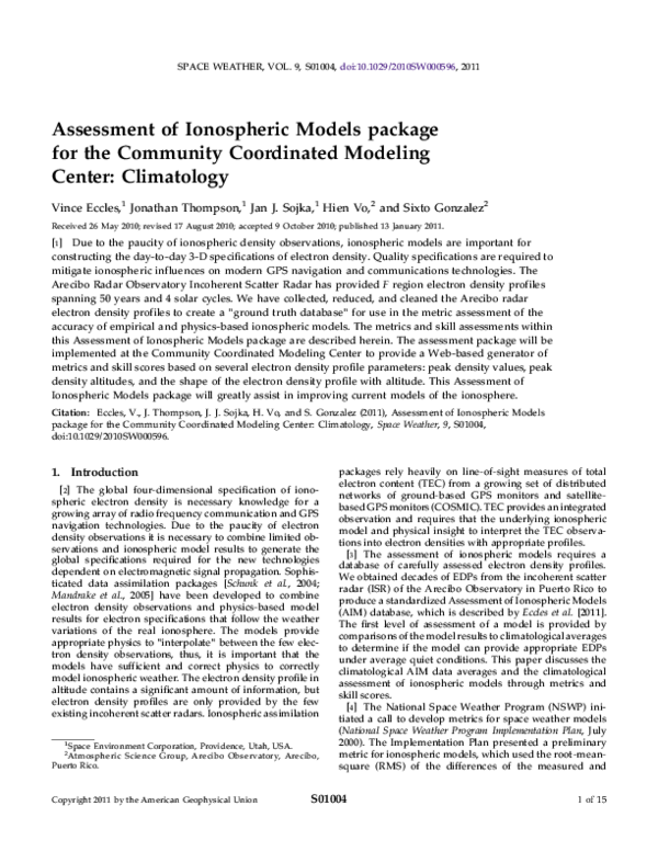 (PDF) Assessment of Ionospheric Models package for the Community Coordinated Modeling Center ...