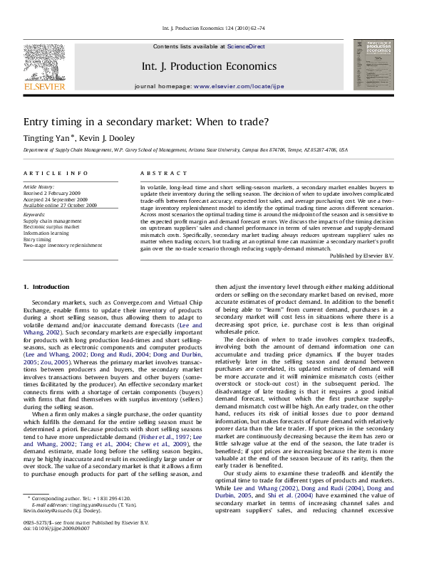 (PDF) Entry timing in a secondary market: When to trade?