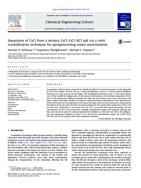 (PDF) Separation of CsCl from a ternary CsCl–LiCl–KCl salt via a melt ...