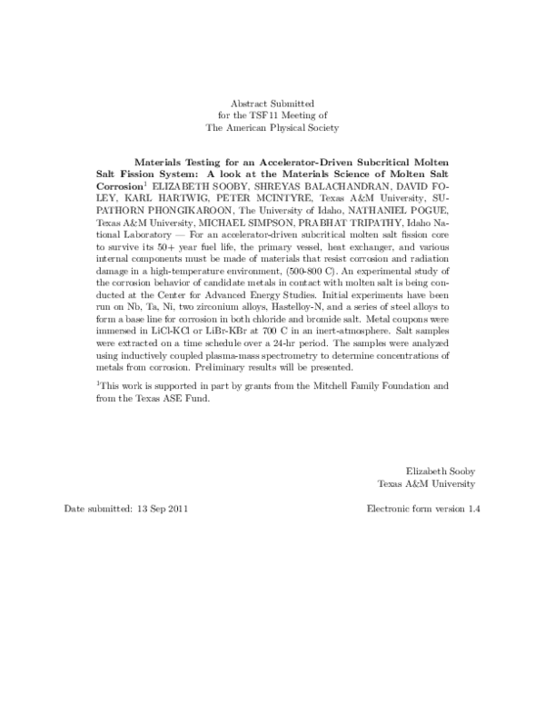 (PDF) Materials Testing for an Accelerator-Driven Subcritical Molten ...
