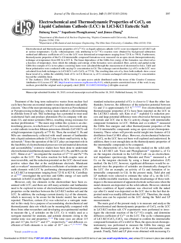 (PDF) Electrochemical and Thermodynamic Properties of CeCl3on Liquid ...