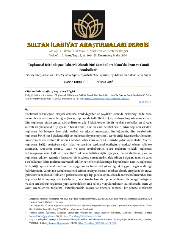 (PDF) Toplumsal Bütünleşme Faktörü Olarak Dinî Semboller: İslam’da Ezan ...