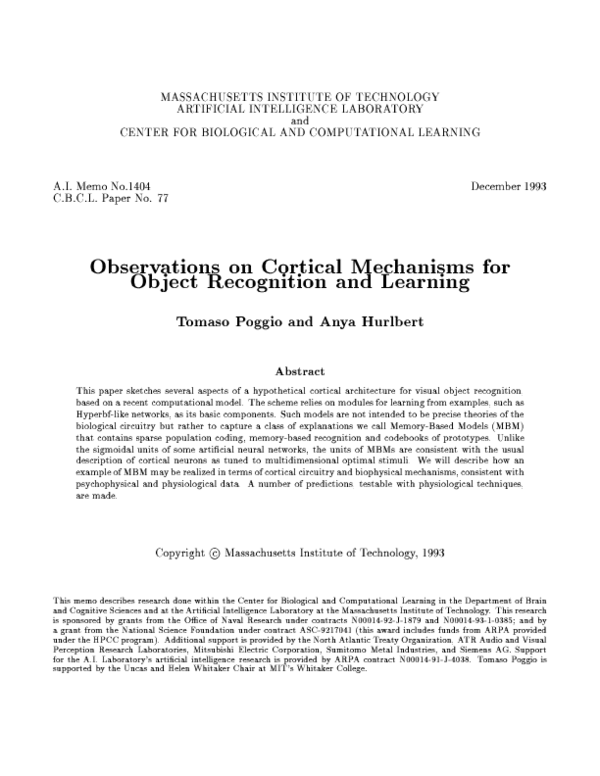 (PDF) Observations on Cortical Mechanisms for Object Recognition and Learning