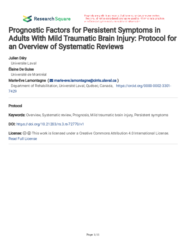 (PDF) Prognostic Factors for Persistent Symptoms in Adults With Mild Traumatic Brain Injury ...