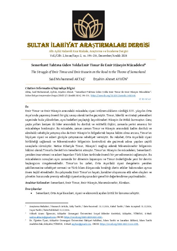 (PDF) Semerkand Tahtına Giden Yolda Emir Timur İle Emir Hüseyin Mücadelesi
