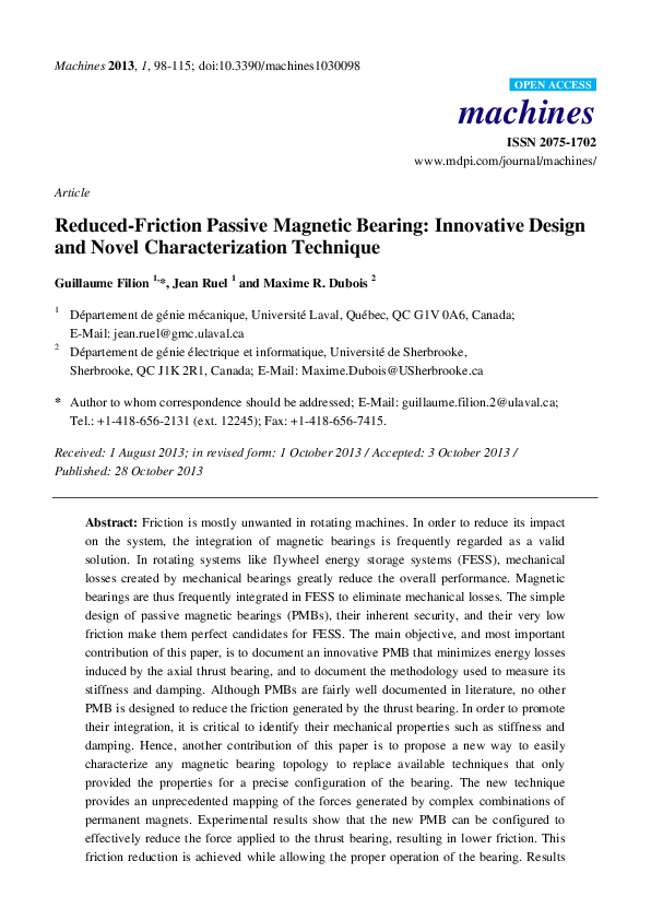 (PDF) Reduced-Friction Passive Magnetic Bearing: Innovative Design and Novel Characterization ...