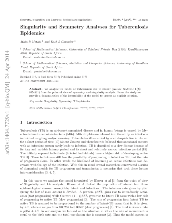 (PDF) Singularity and Symmetry Analyses for Tuberculosis Epidemics