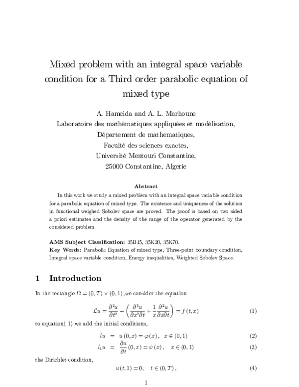 (PDF) Mixed problem with an integral space variable condition for a Third order parabolic ...