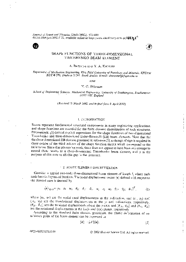 (PDF) Shape Functions of Three-Dimensional Timoshenko Beam Element