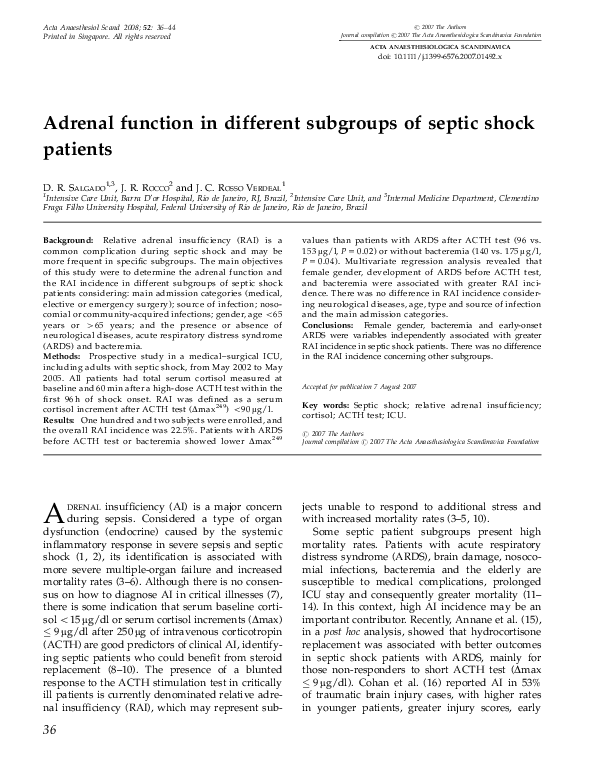 (PDF) Adrenal function in different subgroups of septic shock patients