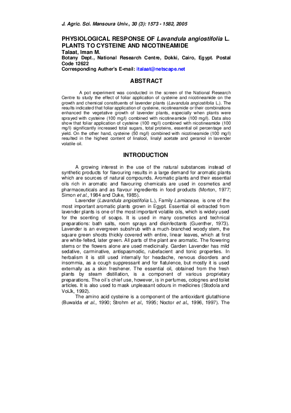 (PDF) PHYSIOLOGICAL RESPONSE OF Lavandula angiostifolia L. PLANTS TO ...