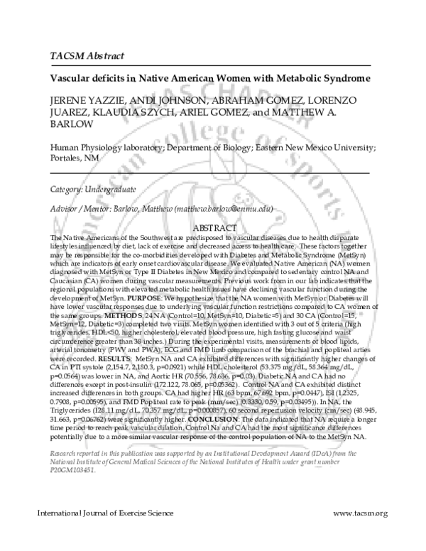 (PDF) Vascular deficits in Native American Women with Metabolic Syndrome