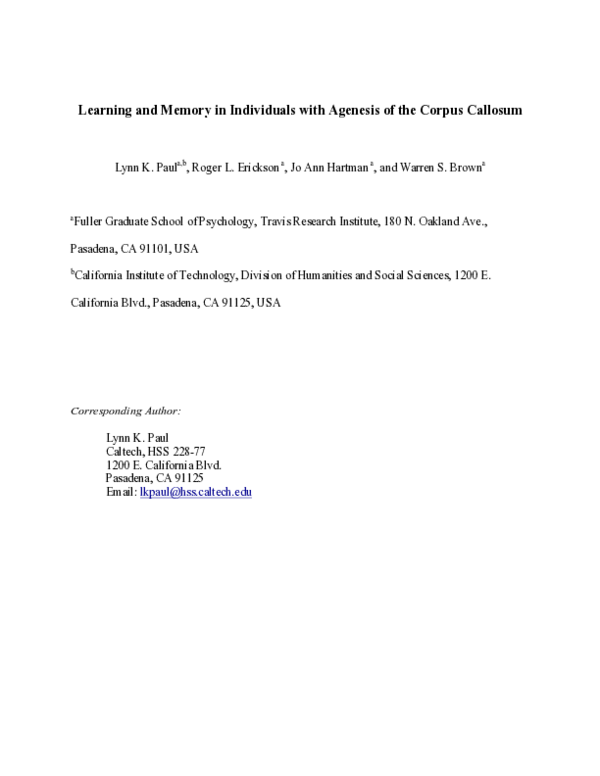 (PDF) Learning and memory in individuals with agenesis of the corpus ...