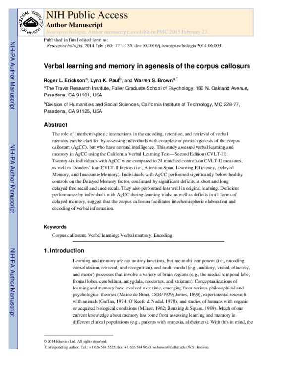 (PDF) Verbal learning and memory in agenesis of the corpus callosum