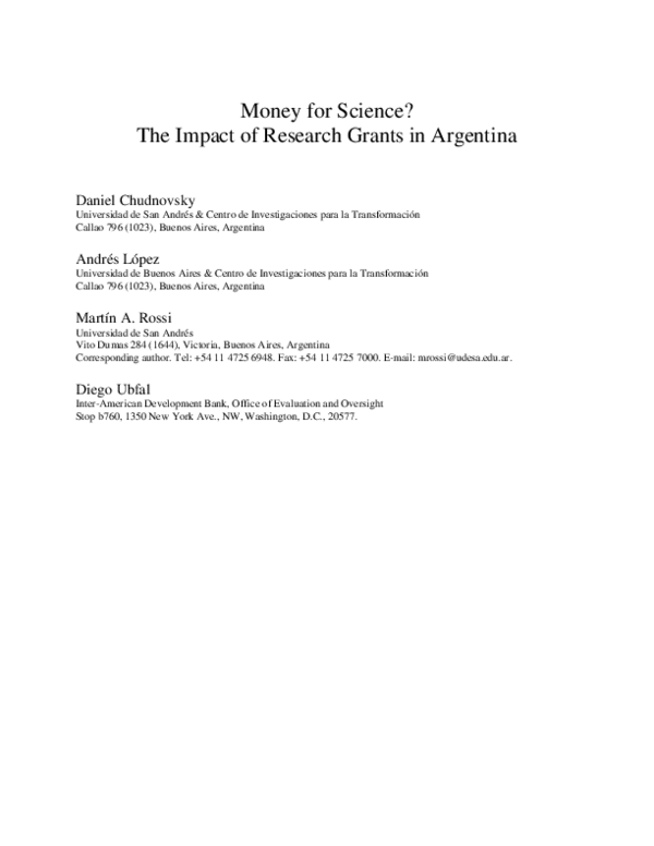 (PDF) Money for Science? The Impact of Research Grants on Academic Output