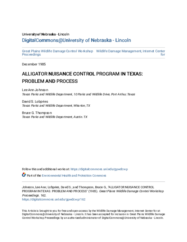 (PDF) Alligator Nuisance Control Program in Texas: Problem and Process
