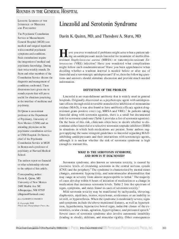(PDF) Linezolid and Serotonin Syndrome