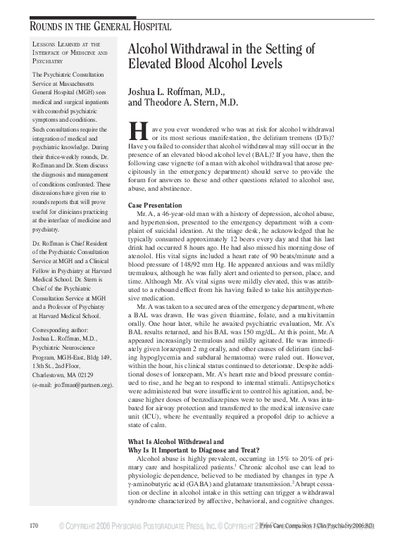 (PDF) Alcohol Withdrawal in the Setting of Elevated Blood Alcohol Levels