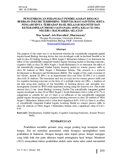 (PDF) Pengembangan Perangkat Pembelajaran Biologi Berbasis Inkuiri Terbimbing Terintegrasi ...