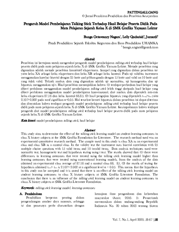 (PDF) Pengaruh Model Pembelajaran Talking Stick Terhadap Hasil Belajar Peserta Didik Pada Mata ...