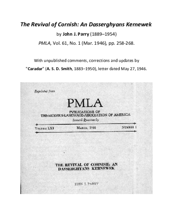 (PDF) John J Parry 1946 "The Revival of Cornish"