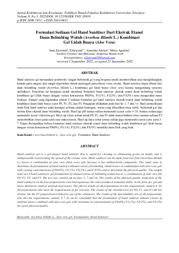 (PDF) Formulasi Sediaan Gel Hand Sanitizer Dari Ekstrak Etanol Daun Belimbing Wuluh (Averhoa ...