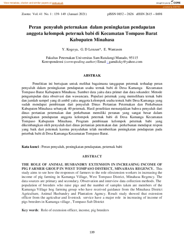 (PDF) Peran penyuluh peternakan dalam peningkatan pendapatan anggota kelompok peternak babi di ...