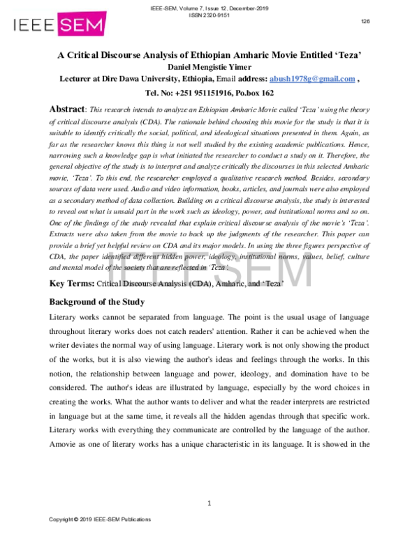(PDF) A Critical Discourse Analysis of Ethiopian Amharic Movie Entitled Teza 1