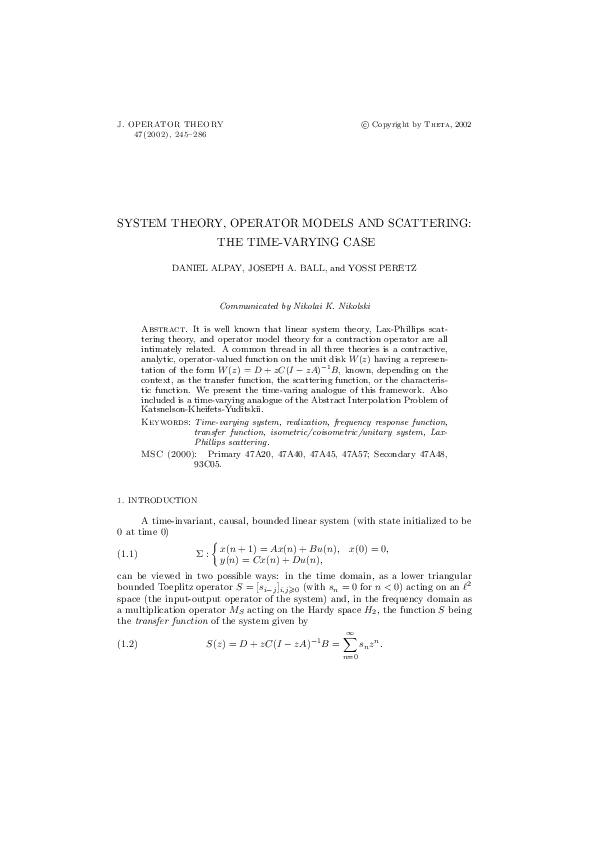 (PDF) System theory, operator models and scattering: the time-varying case