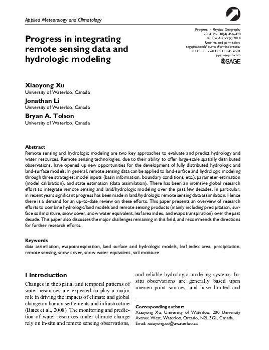 (PDF) Progress in integrating remote sensing data and hydrologic modeling (PDF) Progress in integrating remote sensing data and hydrologic modeling