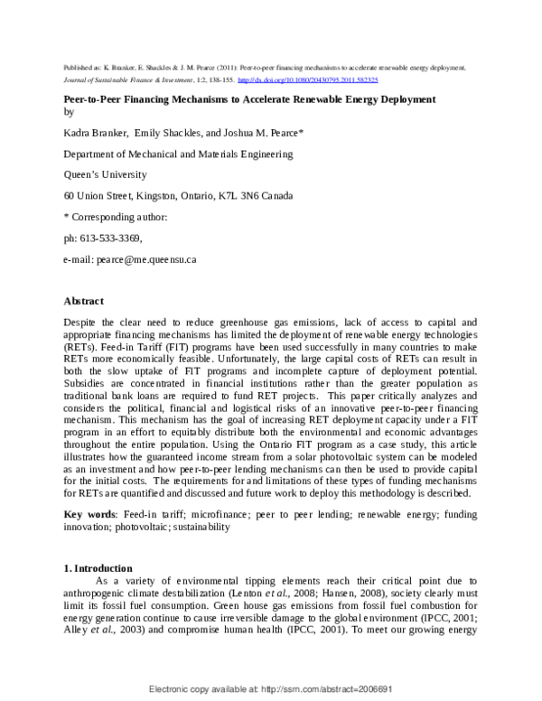 (PDF) Peer-to-Peer Financing Mechanisms to Accelerate Renewable Energy ... (PDF) Peer-to-Peer Financing Mechanisms to Accelerate Renewable Energy ...